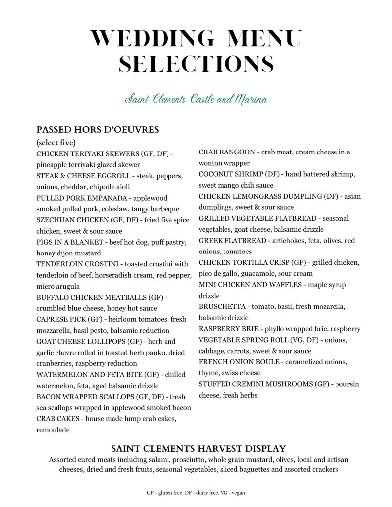 Wedding Menu | Saint Clements Castle